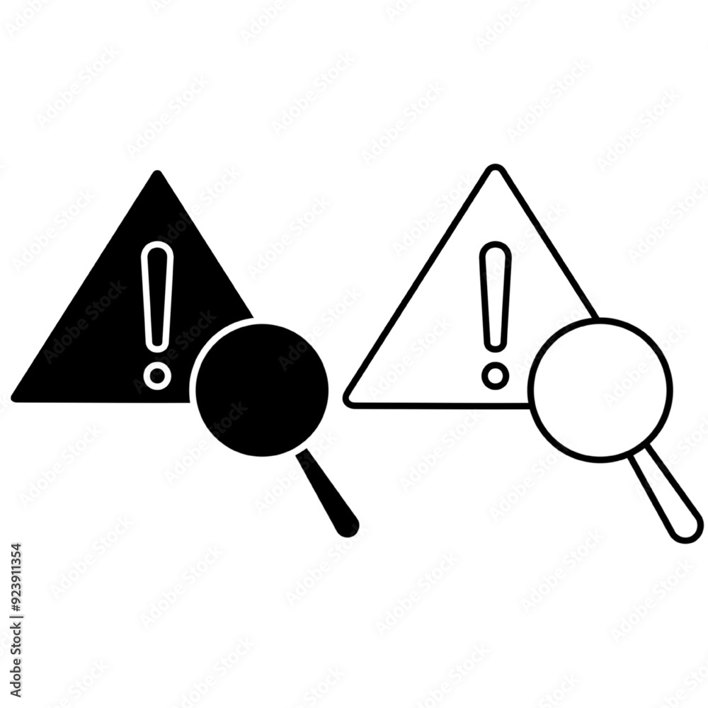 Problem identification icon. magnifying glass with exclamation mark ...