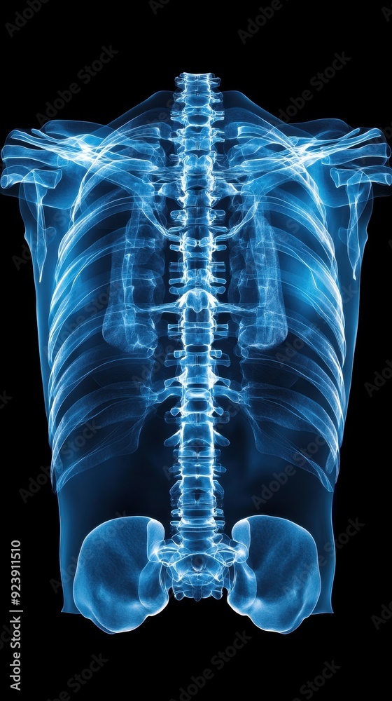 X-ray image of a human torso displaying spine, ribs, and pelvic ...