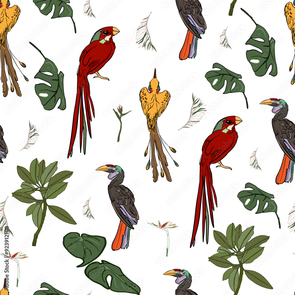 Vector seamless illustration of paradise and tropical birds in colors ...