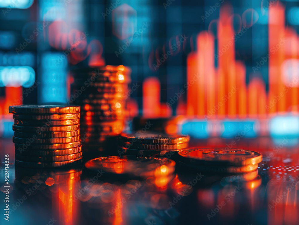 Finance and economics background with stacks money coins and stocks ...