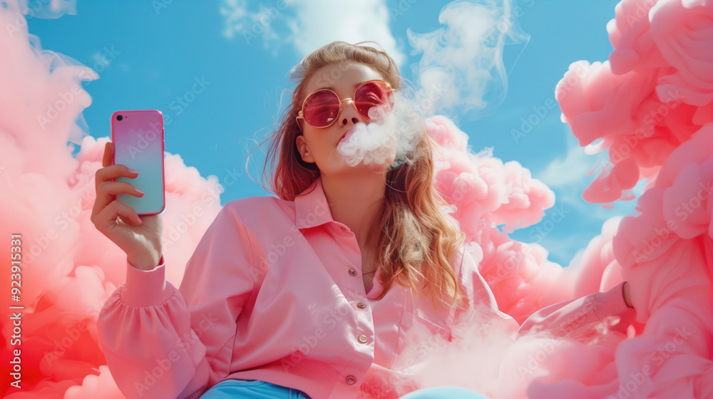Stylish influencer woman in pink sunglasses vaping while holding a ...