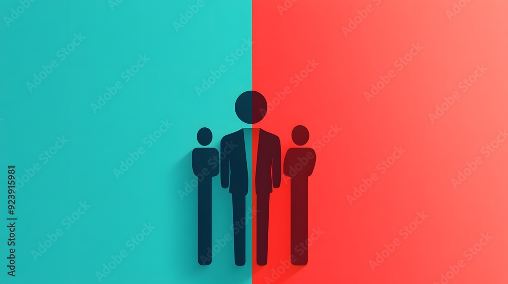 Three simple stick figures stand in a row, split by a vertical line ...