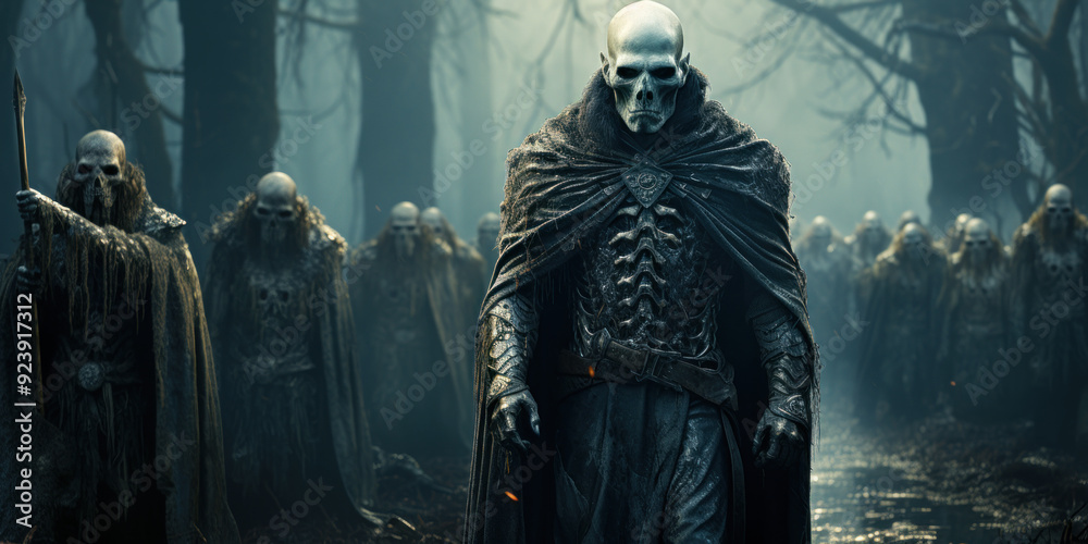 Army of scary skeletons in foggy forest, spooky undead walk in mist ...