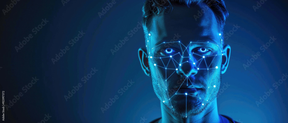 Man face and work of biometric identification system on dark blue ...
