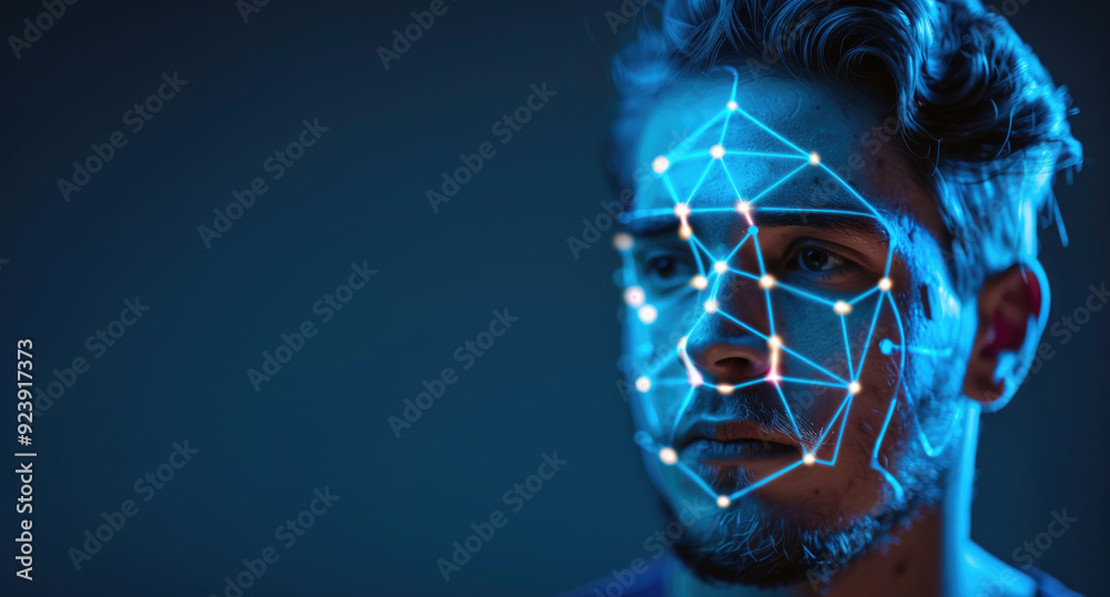 Man face and work of biometric identification system on dark blue ...