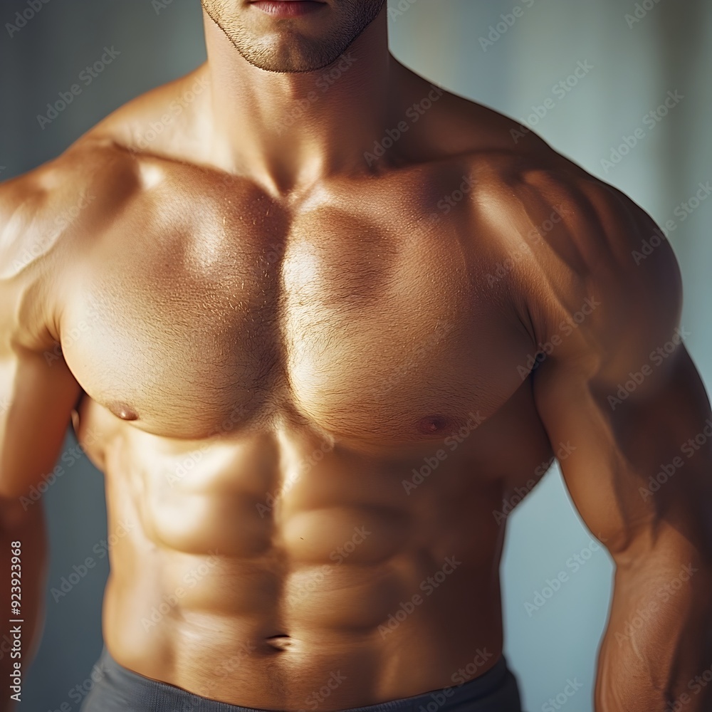 Muscular male chest with defined abs and toned physique against plain ...