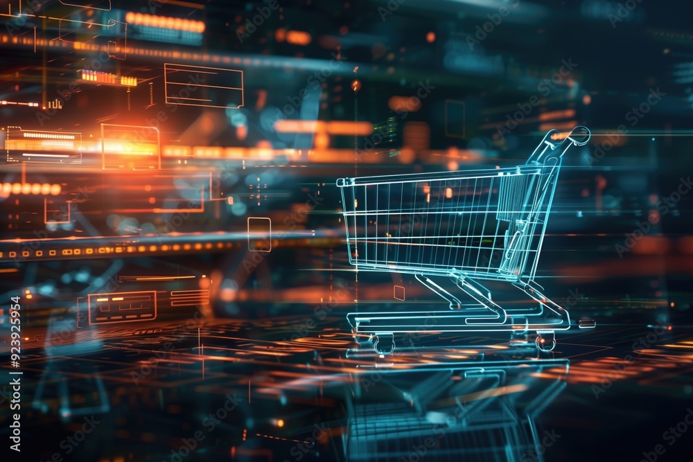 Futuristic digital shopping cart on a glowing tech background with ...