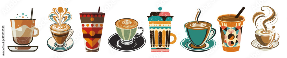 Set of different watercolor coffee cups illustrations. Espresso ...