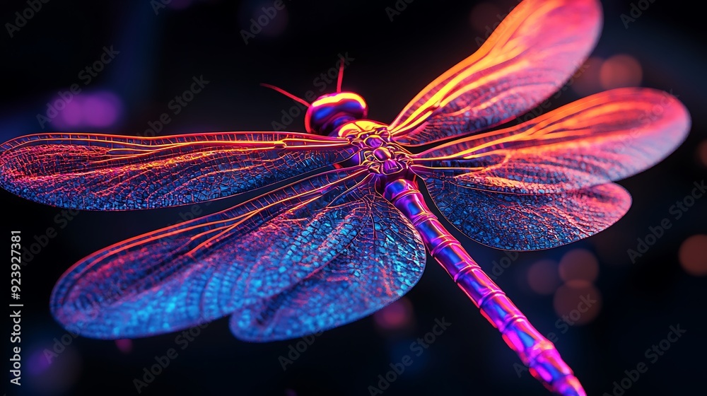 Vivid Neon Dragonfly in Redshift Rendering on Black Background - 3D ...