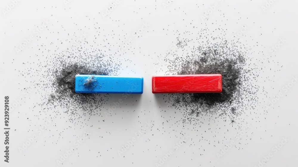 Red and blue bar magnet creating magnetic field with iron powder on ...