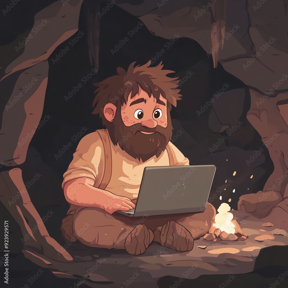 Prehistoric Progress: Caveman Laptop Vector Cartoon for Modern ...