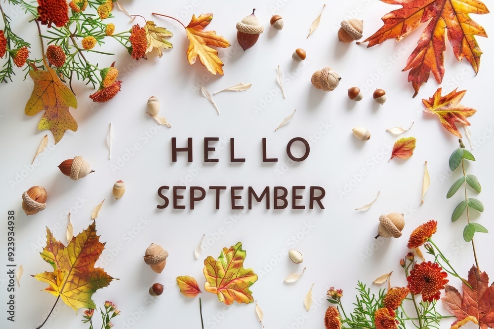 "HELLO SEPTEMBER" - Simulate a word made from leaves and acorns on a ...
