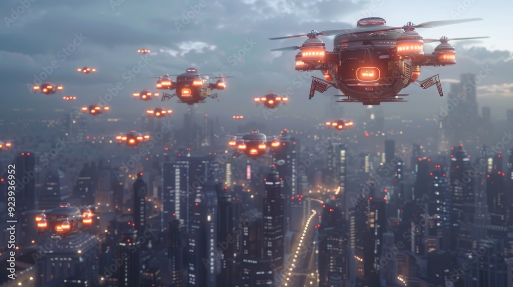 Autonomous Delivery Drones Network: A cityscape with drones delivering ...