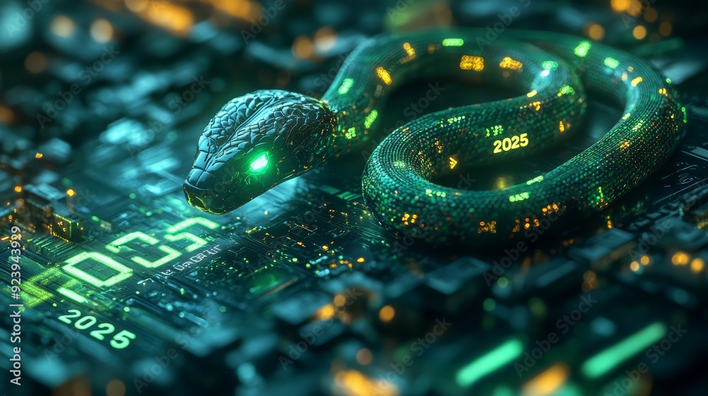 A creative and modern rendering of a futuristic snake intertwined with ...