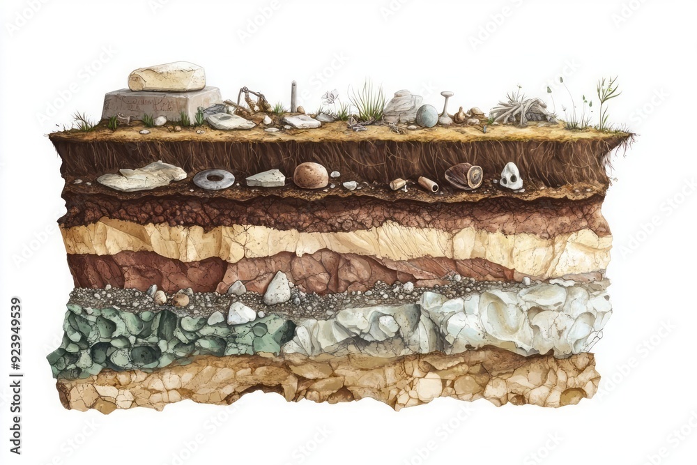 Different layers of earth at an archaeological site, with artifacts and ...
