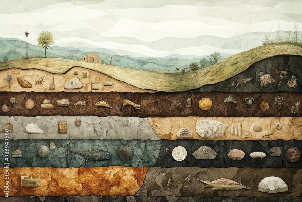 Foto de Different layers of earth at an archaeological site, with ...