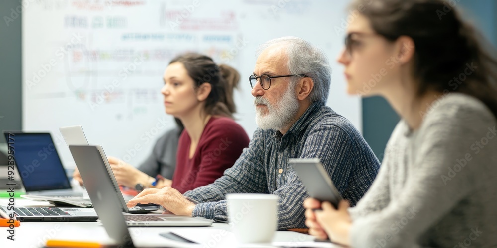Three middle-aged learners participating in a coding workshop with ...