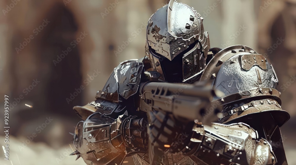 Foto de Armored warrior with a mounted machine gun and heavy armor ...