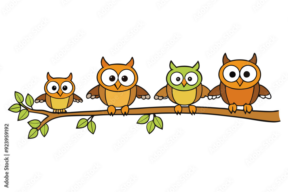 Horizontal Tree Branches with 4 Owls Vector Illustration, SVG Files for ...