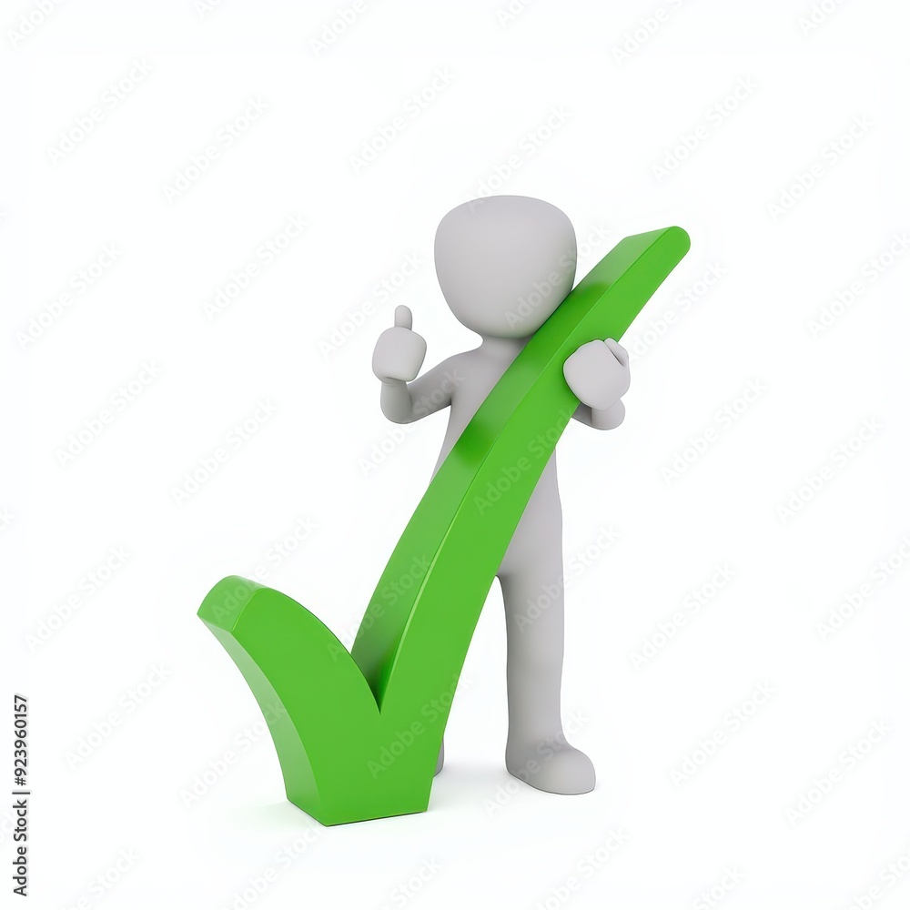 3D humanoid figure holding a large green check mark, giving a thumbs up ...