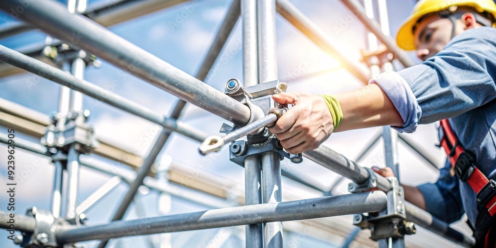 Construction Worker Securing Safety Railing at Heights. A construction ...