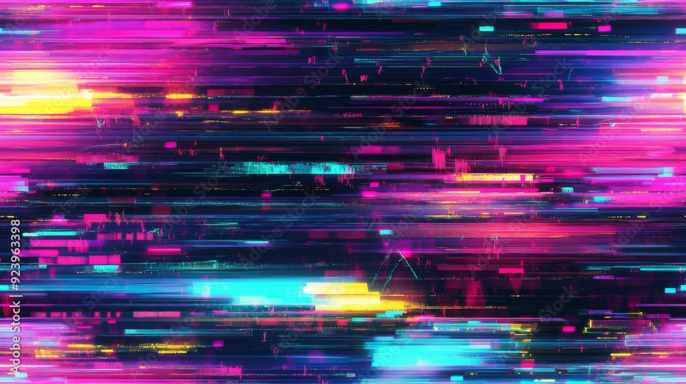 This artwork showcases a vibrant pattern with retro VHS scanlines and ...