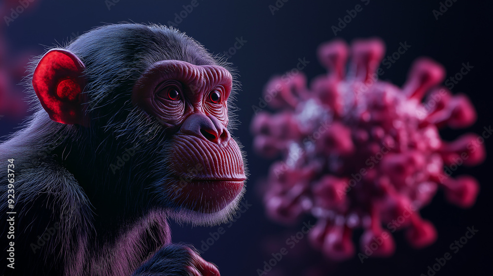 Chimpanzee facing pink monkeypox virus particle, mpox outbreak ...