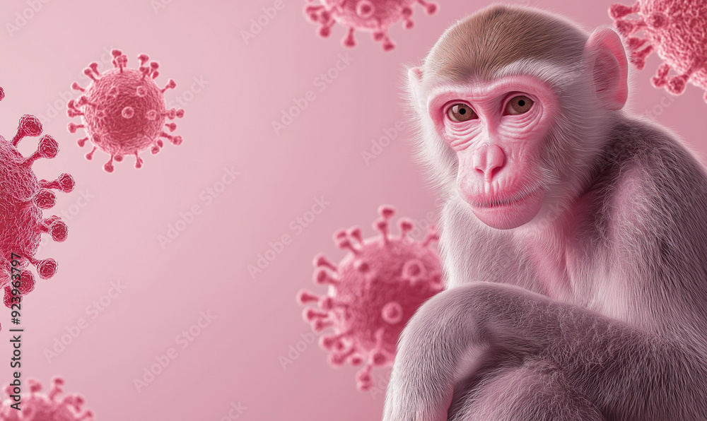 Chimpanzee facing pink monkeypox virus particles, mpox outbreak ...