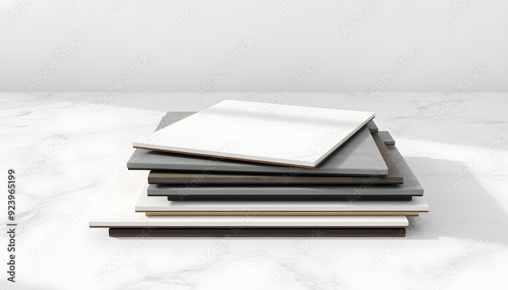Sample stack of luxury vinyl floor tiles on white marble floor for ...
