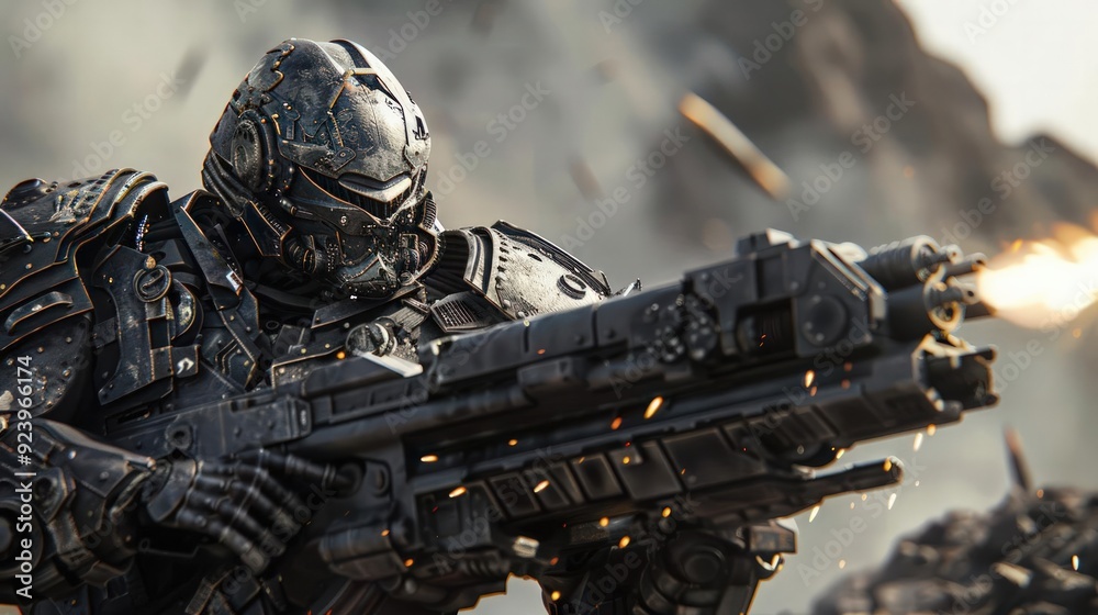 Foto de Armored warrior with a mounted machine gun and heavy armor ...