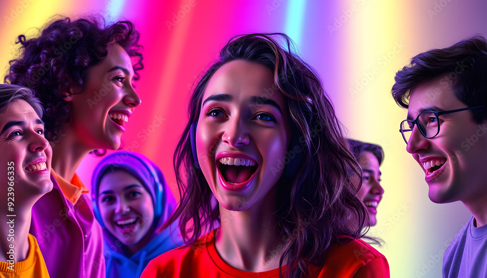 Collage of portraits of 23 young emotional people on multicolored ...