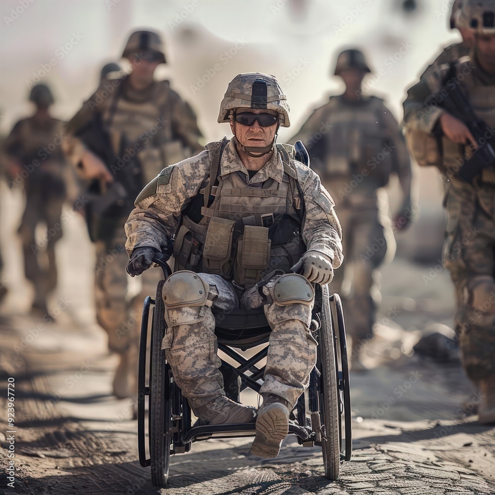 Military veteran in a wheelchair with fellow soldiers, military ...