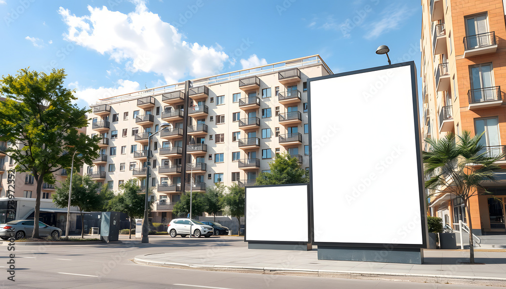 Apartment building, mockup space and advertising billboard, commercial ...