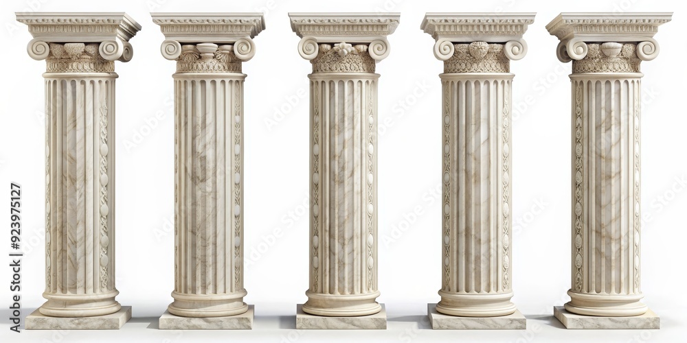 Five Ornate Marble Columns, 3D Render, White Background, Classical ...