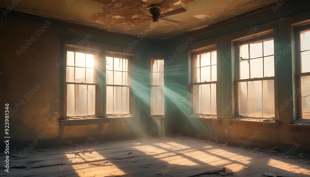Dusty room with old distressed windows and sun rays. Abandoned grungy interior with lights in ...