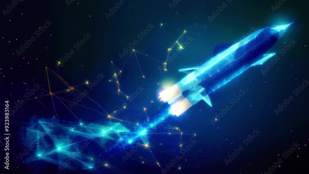 Futuristic blue rocket launching in digital space, glowing cyber lines ...