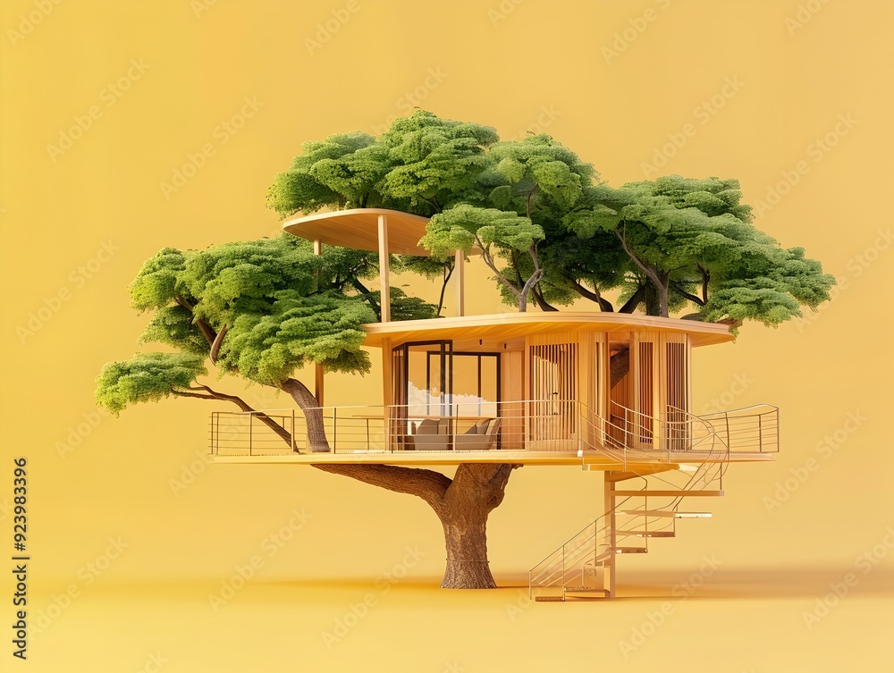Detailed Contemporary Treehouse Blueprint with Meticulous 3D Model and ...