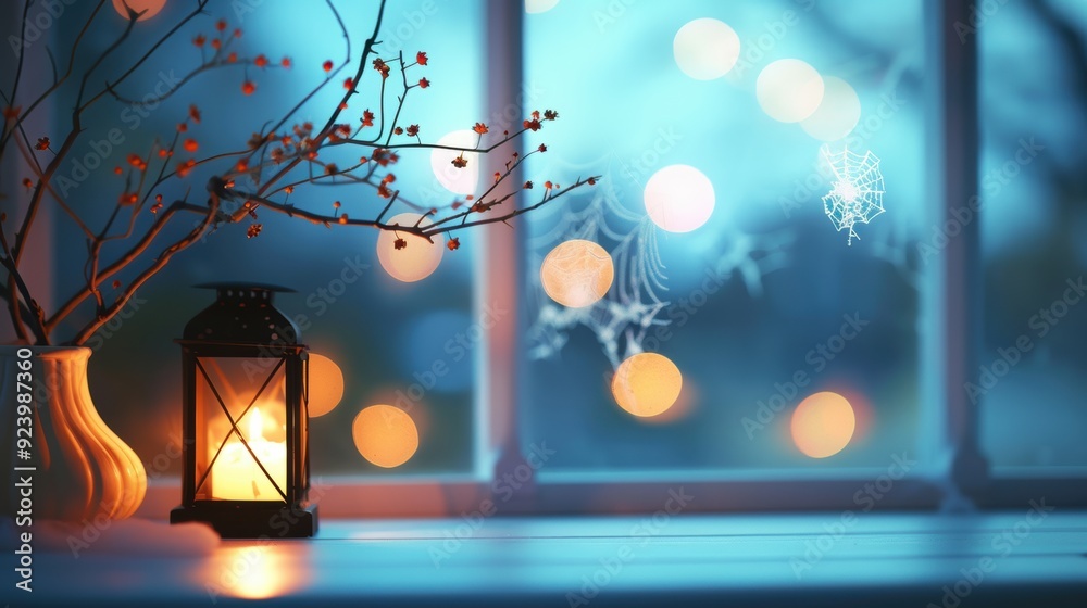 Dim lighting highlights spooky Halloween decorations such as spider ...