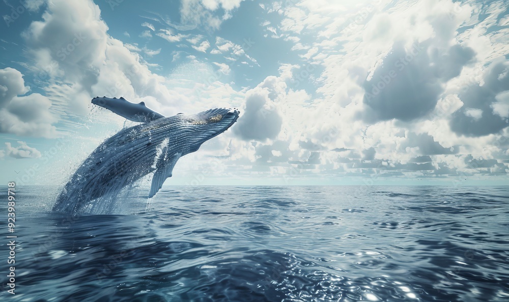 Whale breaching in the ocean, massive splash and open sea, wild animals ...