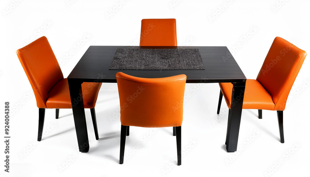 Orange-upholstered modern dining chairs and a black table with cutouts ...
