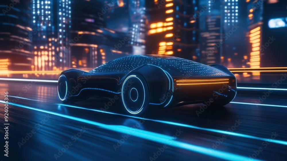 Autonomous electric vehicle with illuminated details traverses a ...