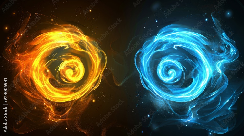 Yellow and blue fire swirl isolated on black background. Vector ...