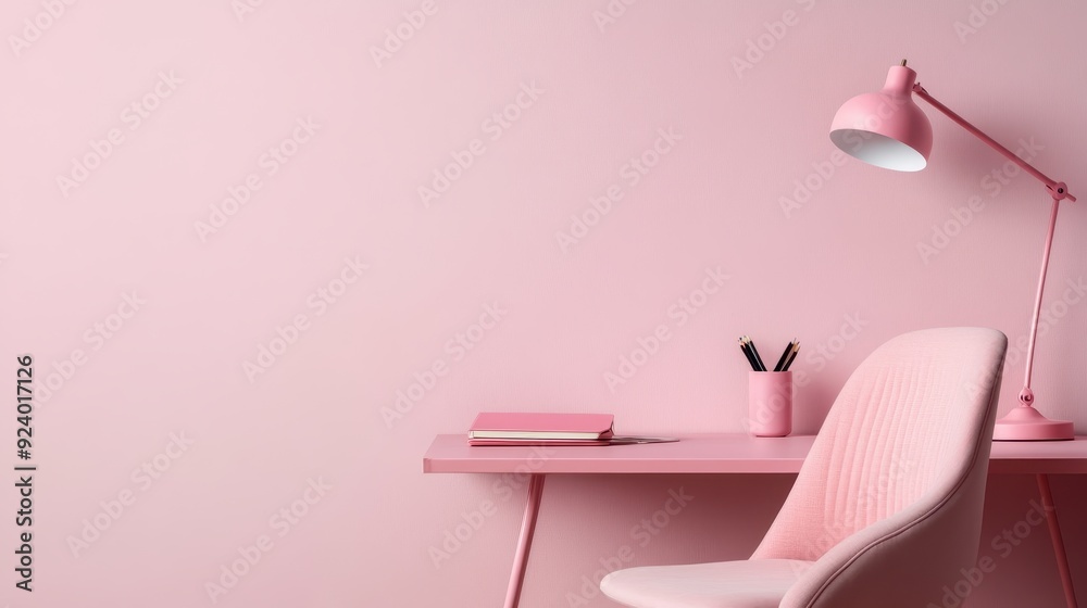 This inviting pink office space includes a matching chair and a sleek ...