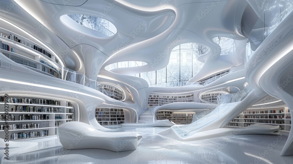 Futuristic Public Library: A modern library featuring digital books, interactive learning ...