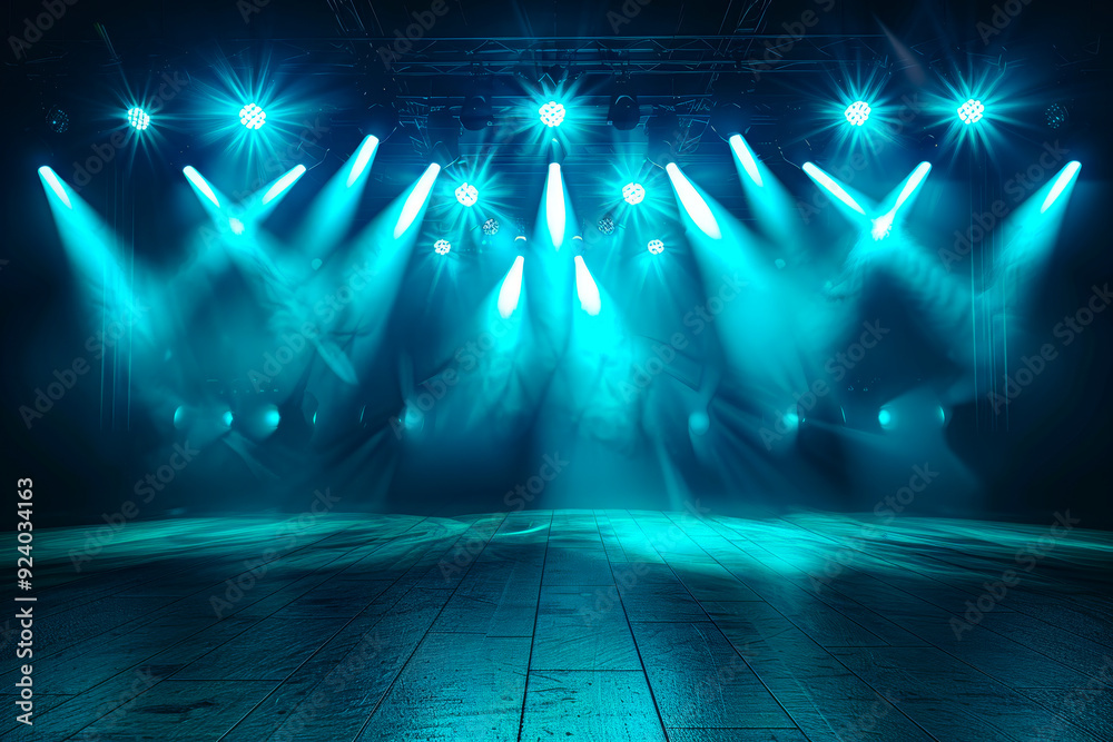 An empty stage with modern dance performance setup, illuminated by blue ...
