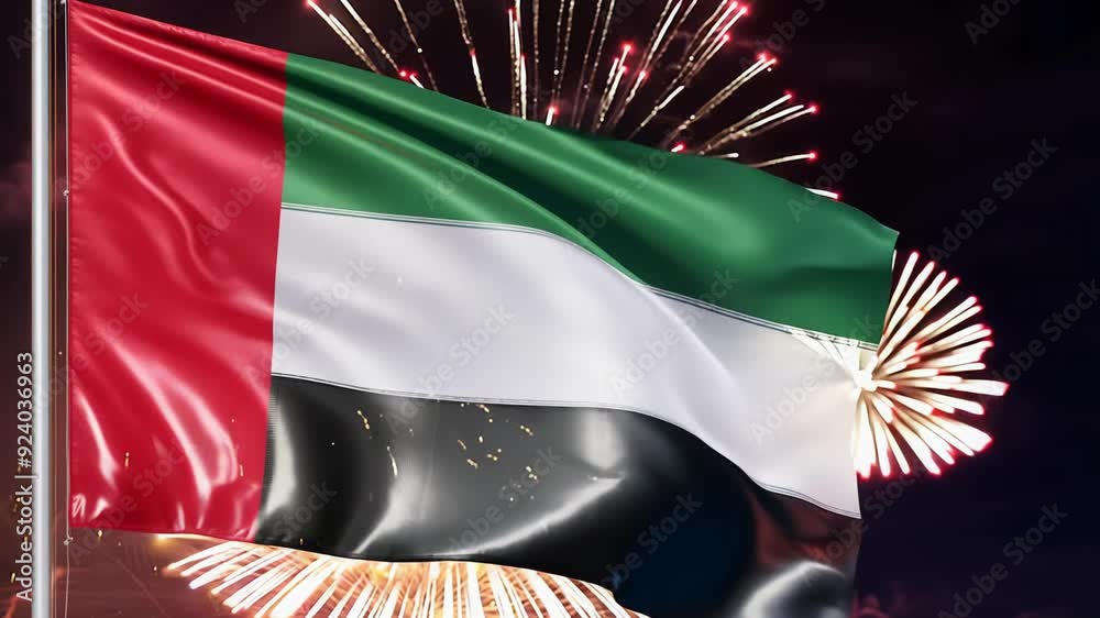 Colorful fireworks illuminate the night sky, featuring a prominent UAE ...