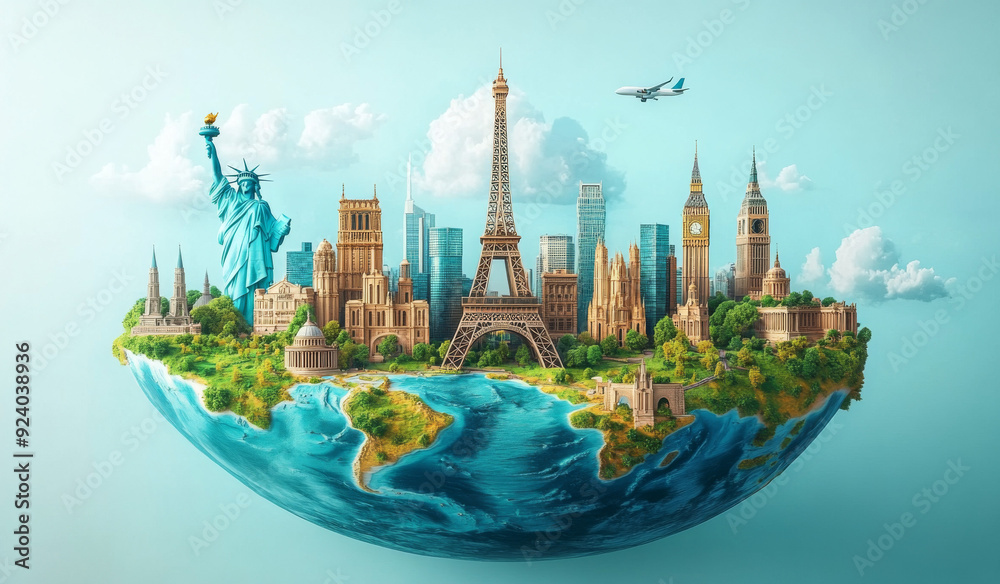 A world map with famous landmarks from around the globe, such as the ...