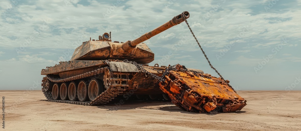 A damaged tank being towed by an armored recovery vehicle, showing ...