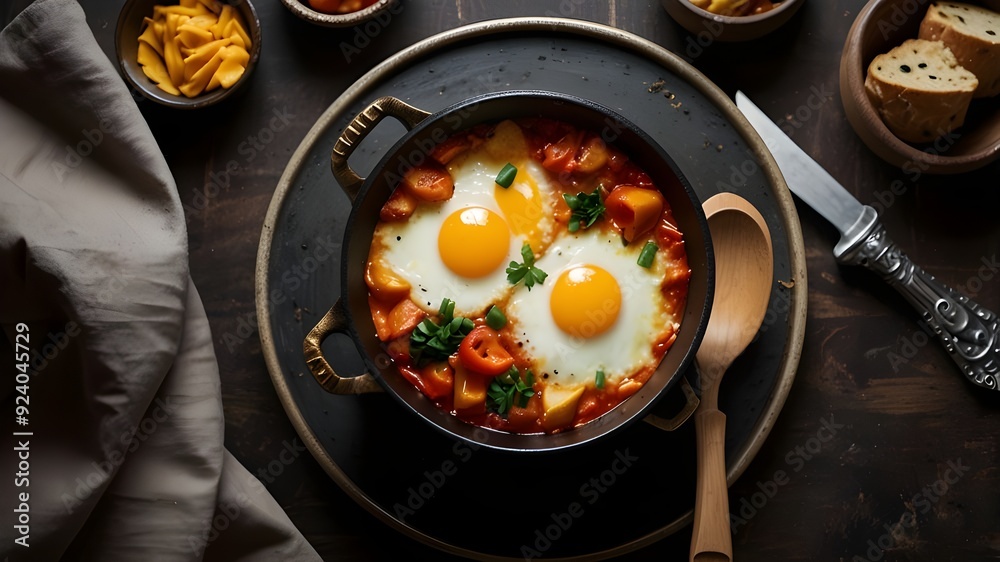 Shakshuka food photos from above, in the opulent Michelin kitchen style ...