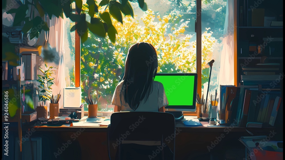 anime girl working on her computer background for music, green screen ...